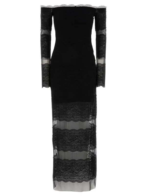 Blumarine Lace & Mesh Maxi Dress - Black