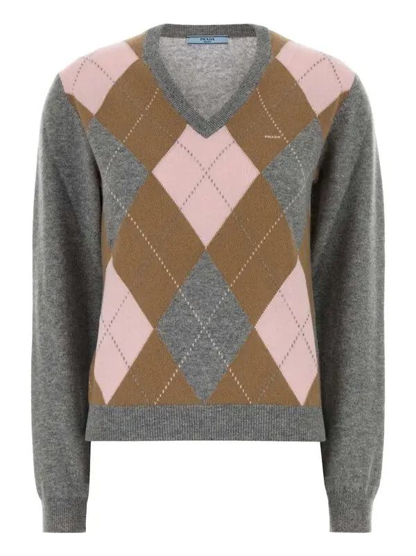 Prada Argyle V-neck Cashmere Sweater - Grey