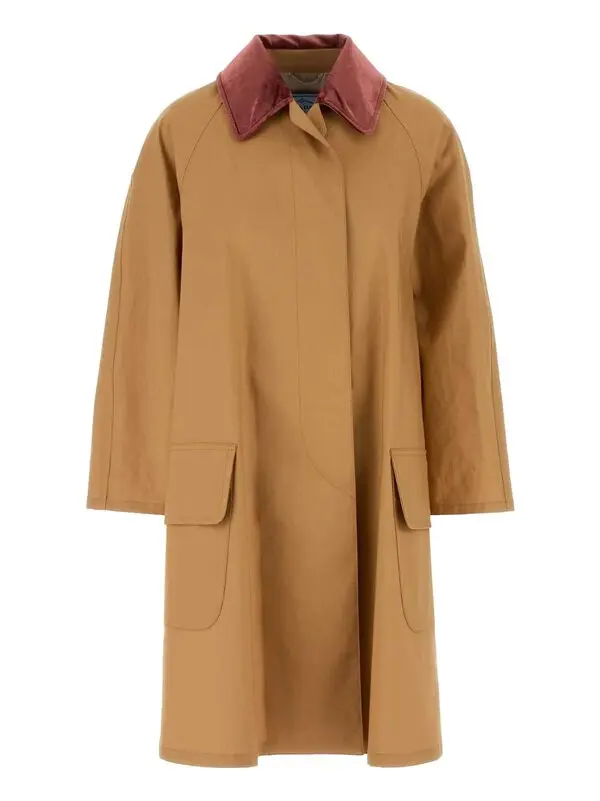 Prada Cotton Overcoat With Velvet Collar - Camel