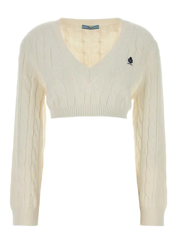 Prada 100% Cotton Knit Sweater With Cutout Detail - White