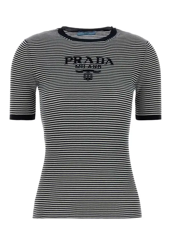 Prada Embroidered Striped Recycled Silk T-shirt - Stripped