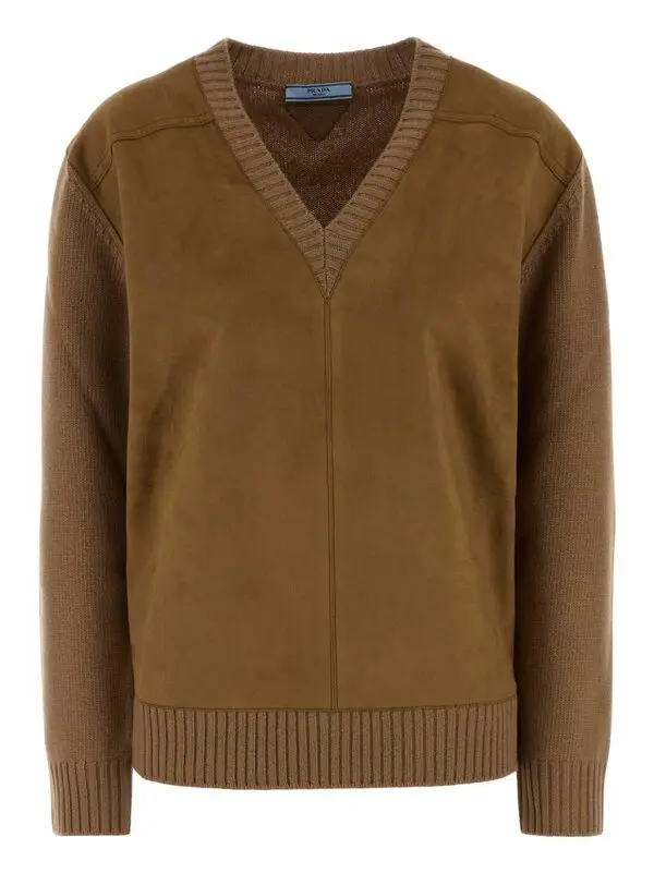 Prada Wool-cashmere Blend V-neck Sweater With Lamb Detail - Camel