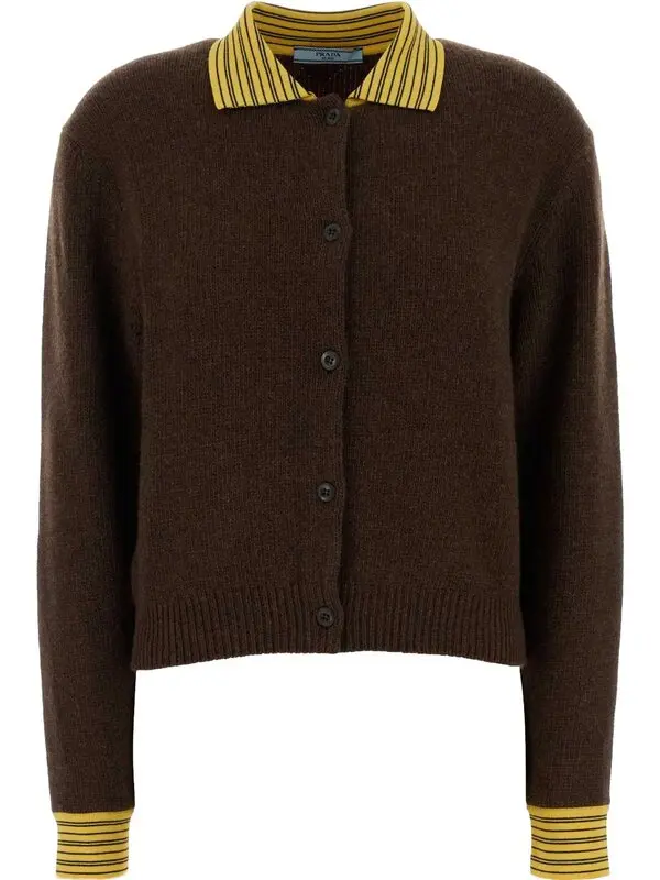 Prada Cashmere Blend Cardigan With Striped Collar - Brown