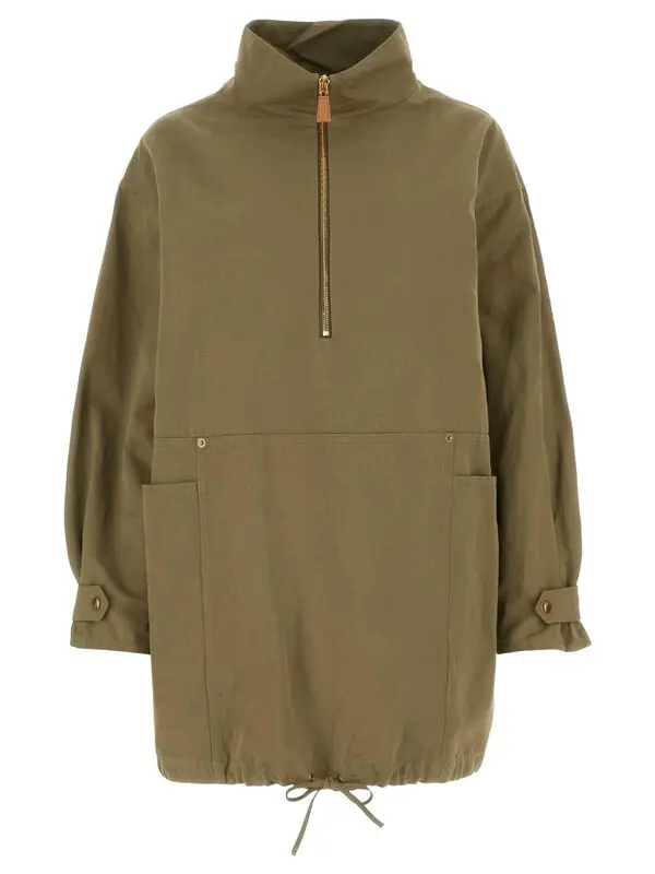 Prada Cotton-linen Mandarin Collar Midi Dress With Zip Detail - Green