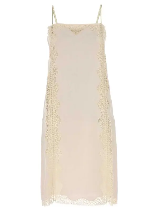 Prada Linen Dress With Cupro-silk Lining And Lace Trim - White
