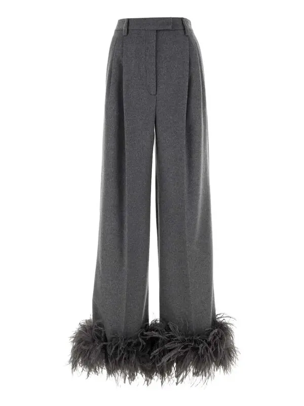 Prada 100% Cashmere Wide-leg Pants With Feather Trim - Grey