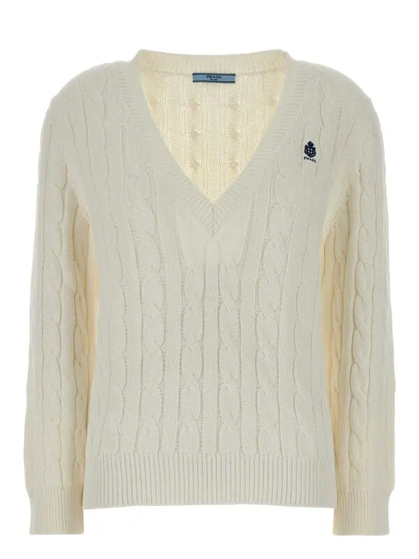 Prada 100% Cotton Cable Knit V-neck Sweater - White