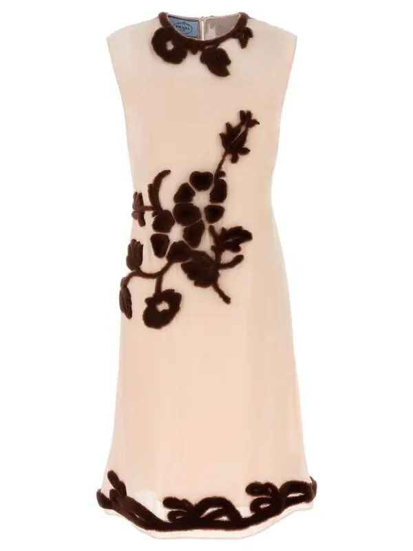 Prada Silk Georgette Dress With Floral Appliqu - Pink
