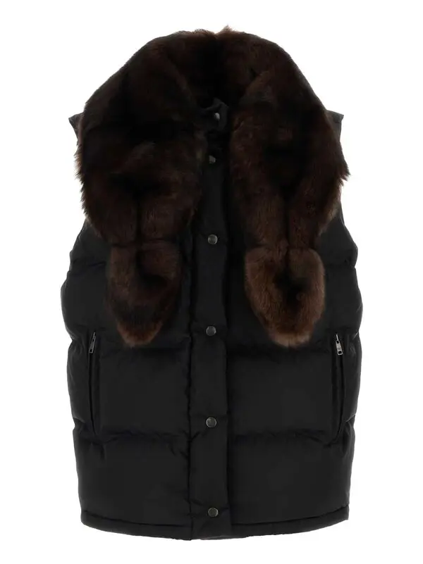 Prada Re-nylon Sleeveless Down Jacket With Fur Collar - Black
