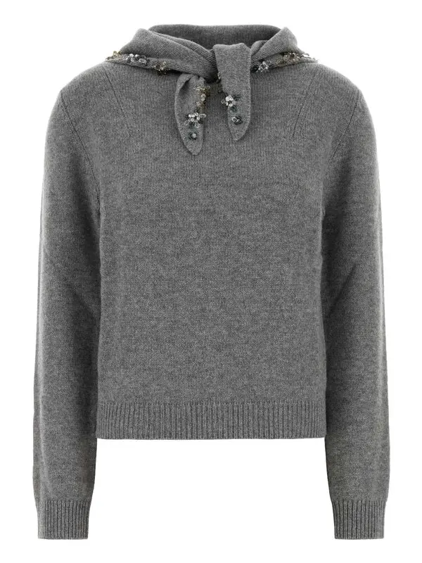 Prada Cashmere Knit Sweater With Embellished Hood - Grey