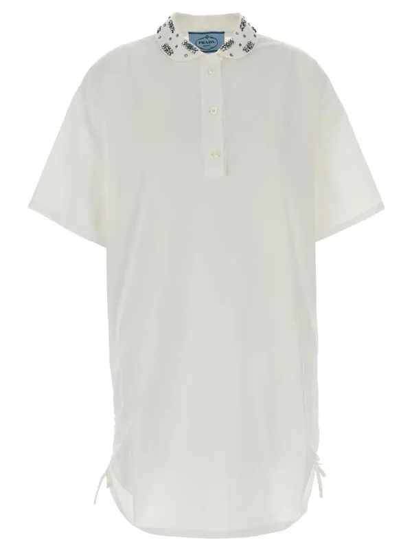 Prada Embellished Poplin Polo Dress - White