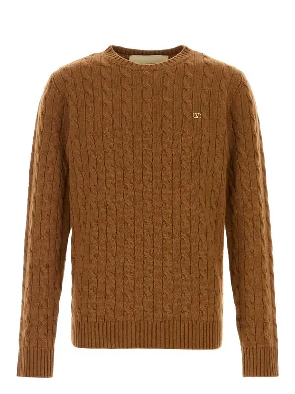 Valentino Garavani Cashmere Cable Knit Crewneck Sweater - Camel