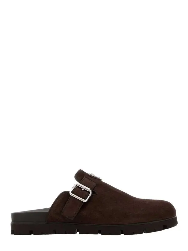 Prada Suede Slipper With Buckle Detail - Brown