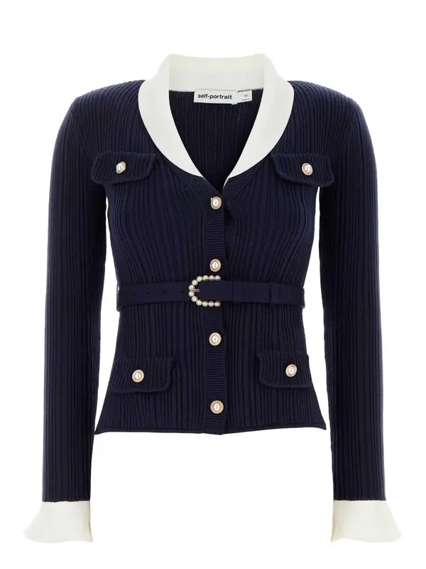 SELF-PORTRAIT Textured Knit Cardigan With Detachable Belt - Blue