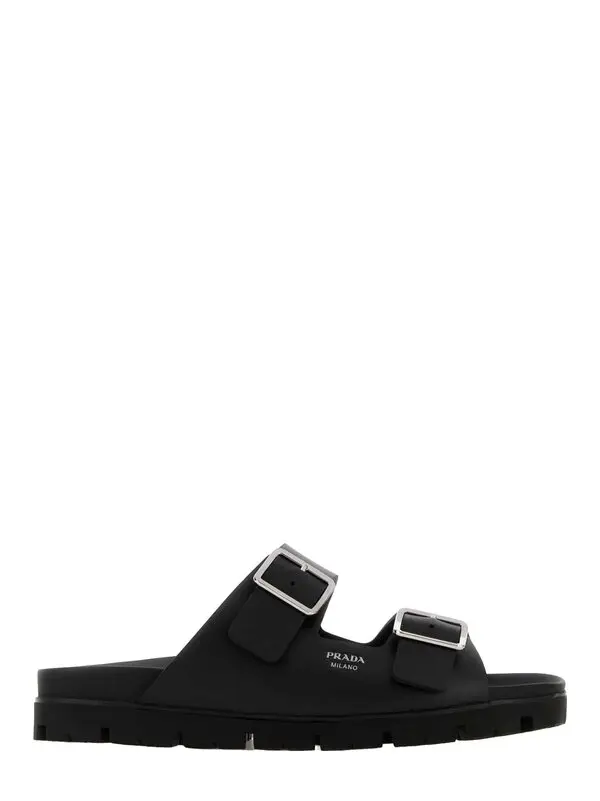 Prada Leather Slippers With Rubber Sole - Black