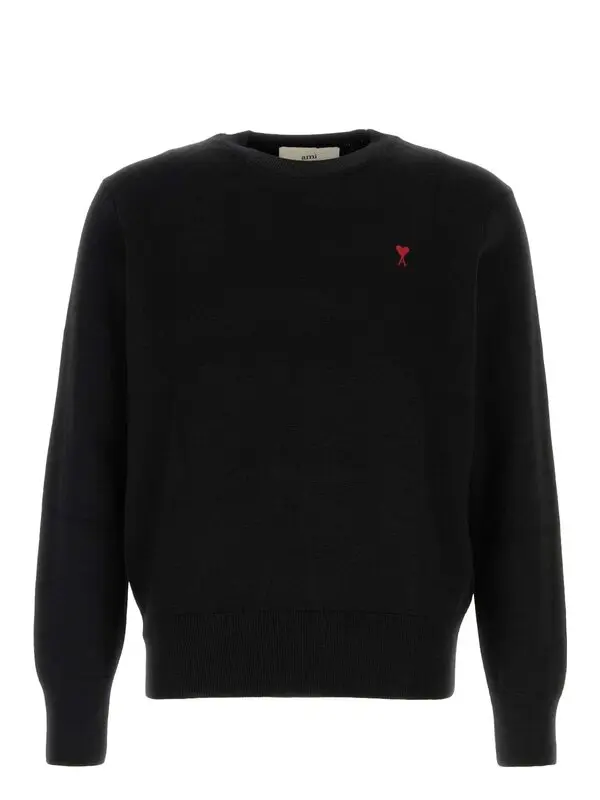 AMI Paris Merino Wool Crew Neck Sweater With Embroidered De Coeur - Black