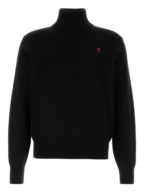AMI Paris Merino Wool Turtleneck Sweater With Red De Coeur Embroidery - Black