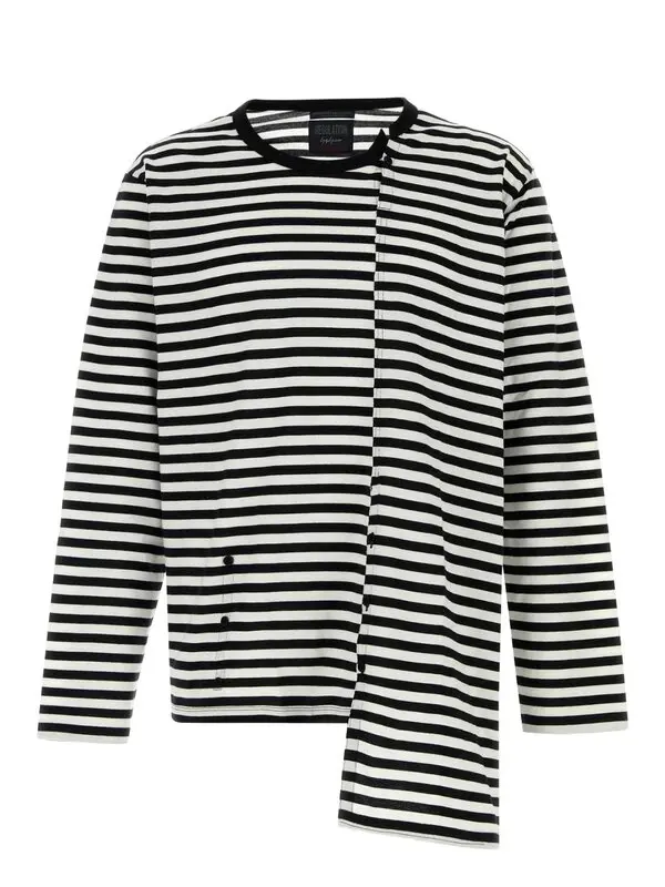 Yohji Yamamoto Embroidered Cotton T-shirt With Striped Detailing - Stripped