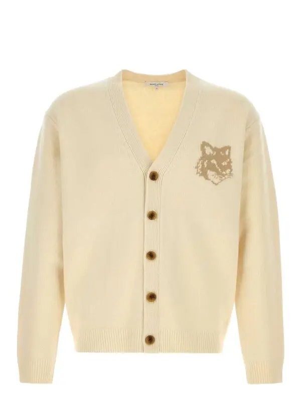 Maison Kitsuné 100% Wool Cardigan With Embroidered Fox Motif - Yellow