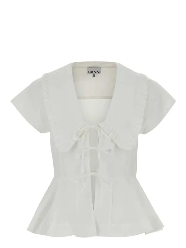 GANNI Cotton Poplin Top With Sailor Collar And Tie Detail - White