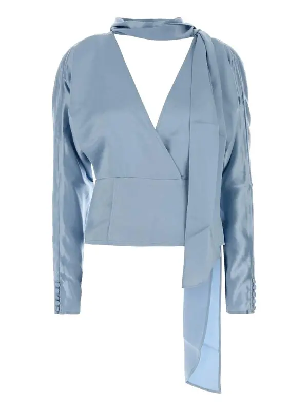 GANNI Satin Blouse With Drape Detail - Light Blue