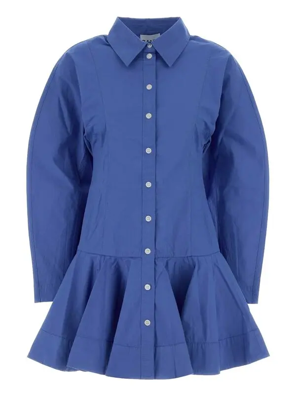GANNI Stretch Poplin Mini Shirt Dress - Light Blue