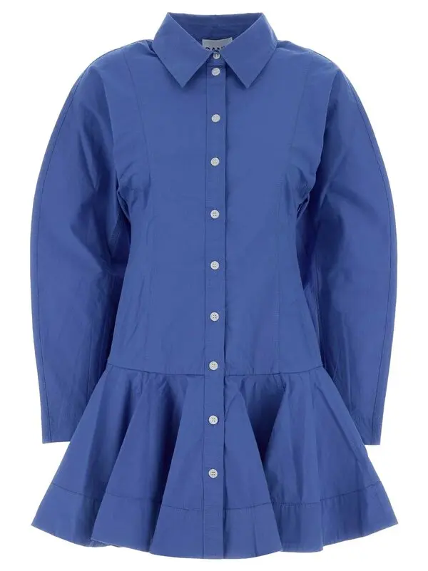 GANNI Stretch Poplin Mini Shirt Dress - Light Blue