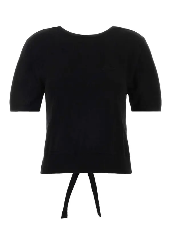 GANNI Cotton Knit Top With Tie Detail - Black