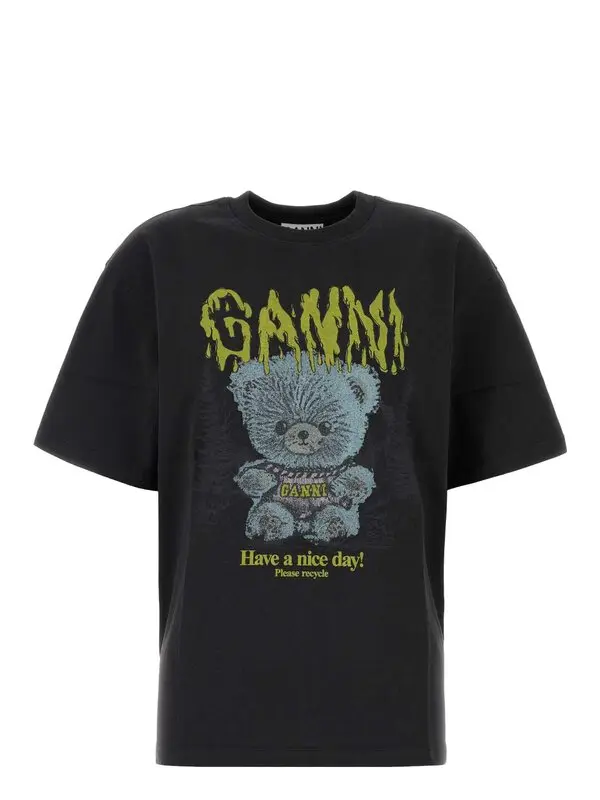 GANNI Oversize Cotton T-shirt With Graphic Print - Grey