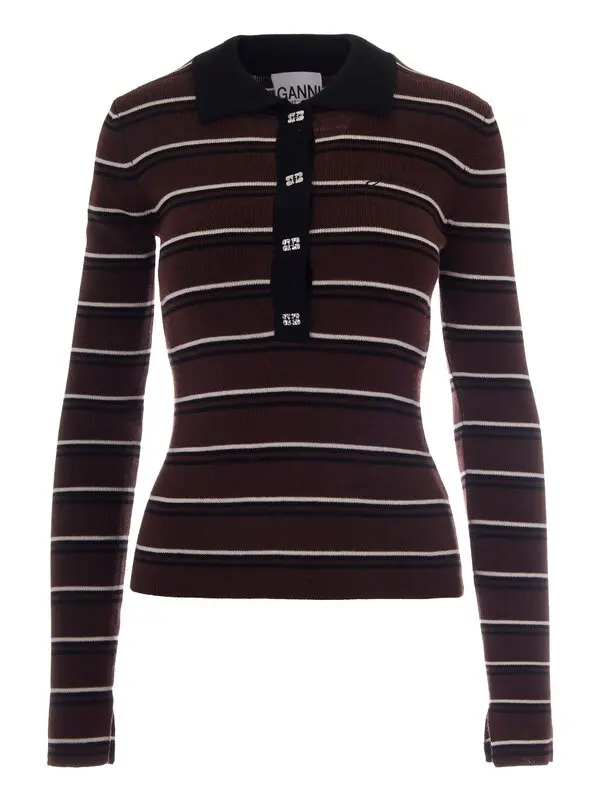 GANNI Striped Wool Polo Sweater - Brown