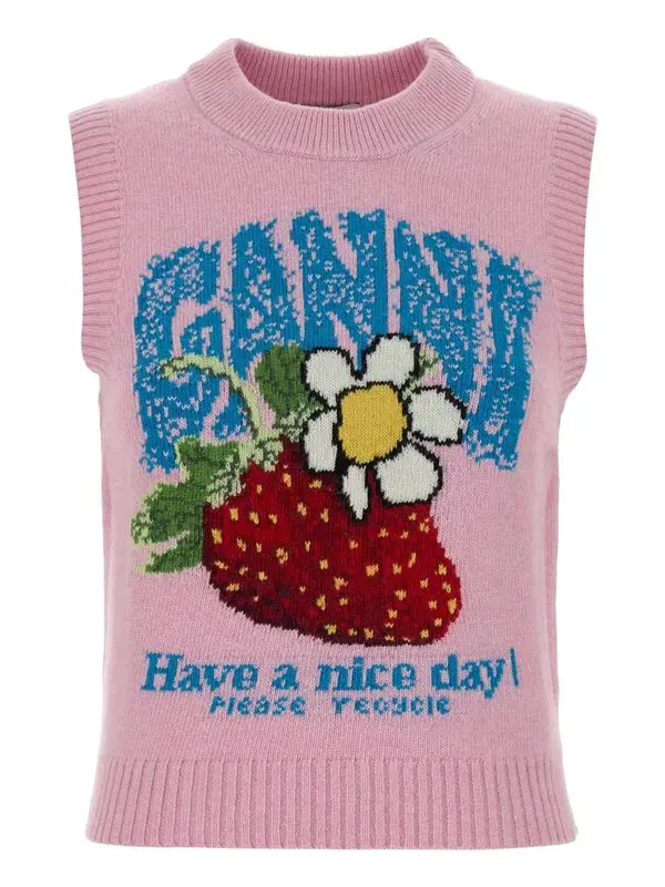 GANNI Have A Nice Day!" Strawberry Graphic Knit Vest - Pink