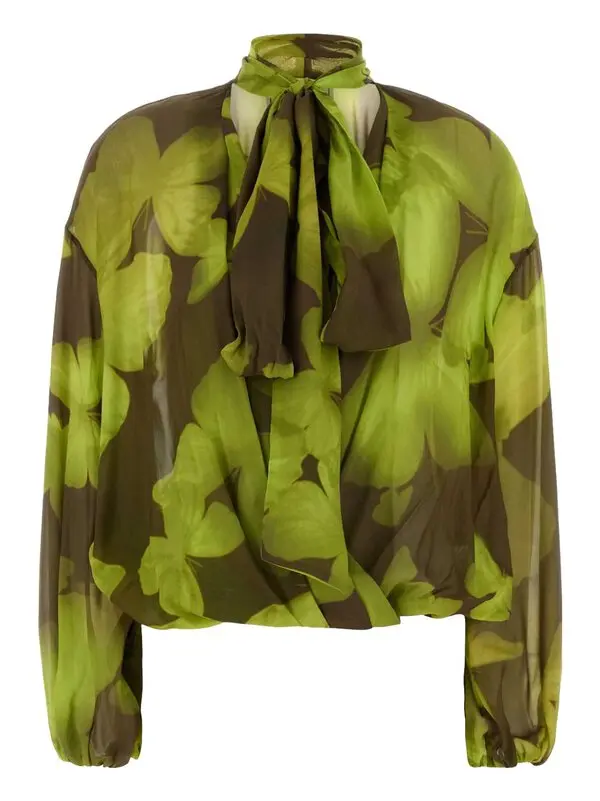 Blumarine Georgette Blouse With All-over Print And Tie Neck - Printed