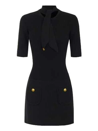 Elisabetta Franchi Knit Dress With Tie Detail And Buttoned Pockets - Nero