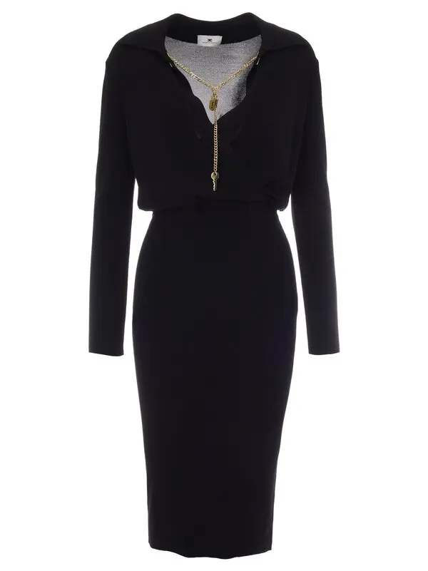 Elisabetta Franchi Long Sleeve Midi Dress With Chain Detail - Nero