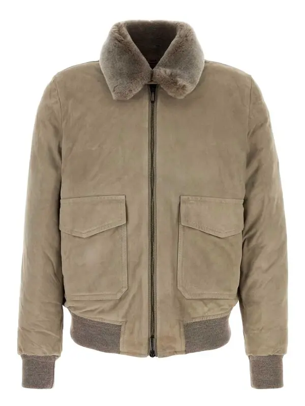 MOORER Suede Bomber Jacket With Fur Collar - Grey