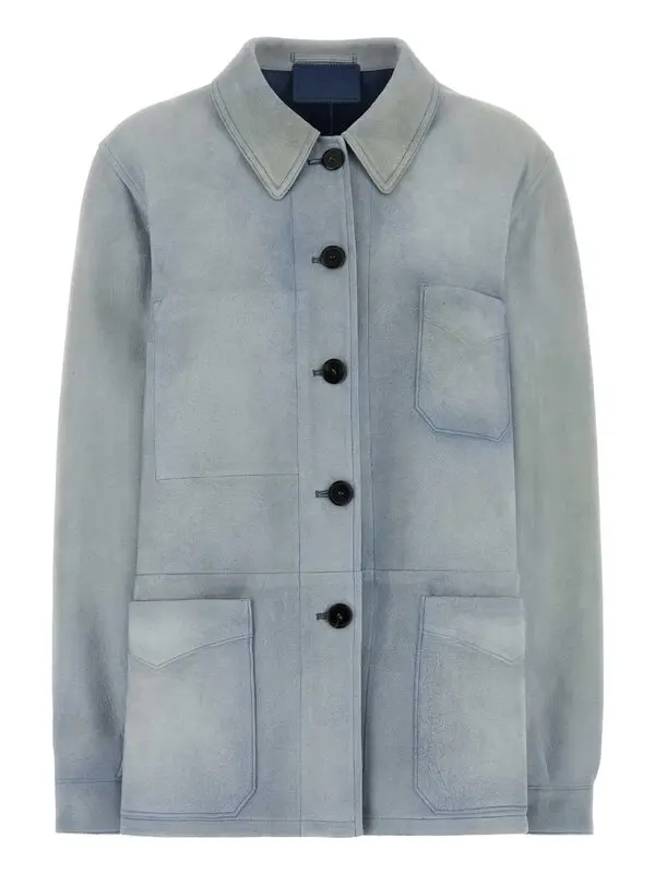 Prada Soft Suede Leather Jacket With Classic Collar - Light Blue
