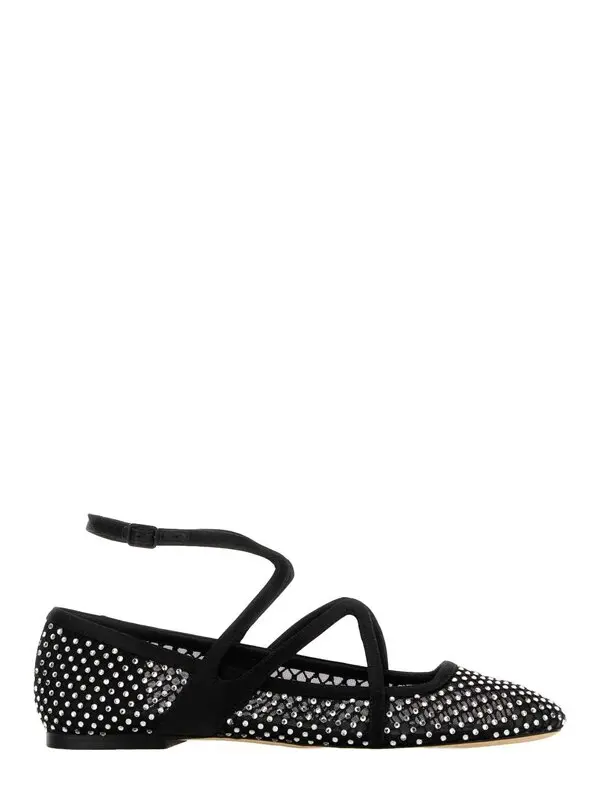 JIMMY CHOO Embellished Mesh Ballerina Flats With Ankle Strap - Black