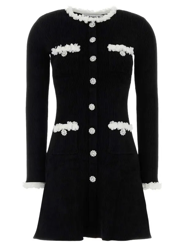 SELF-PORTRAIT Chenille Knit Mini Dress With Flower Trim - Black