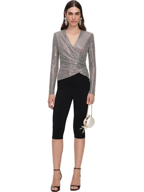SELF-PORTRAIT All-over Rhinestone Embellished Wrap Top - Argento