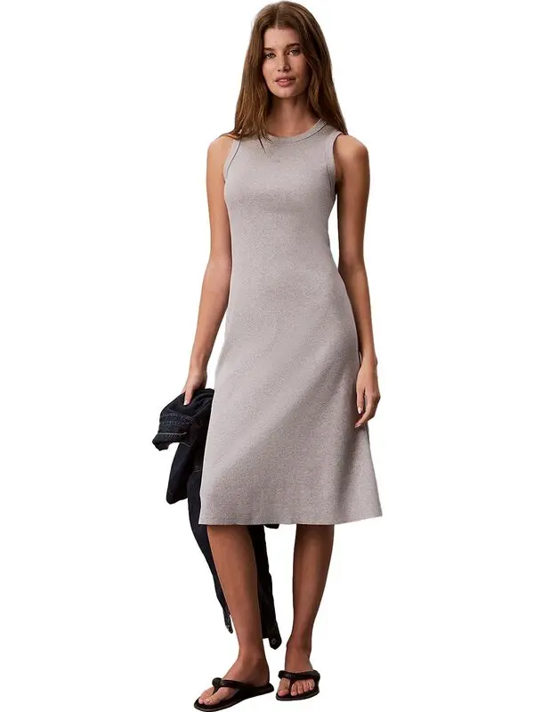Calvin Klein Embroidered Monogram Rib Midi Tank Dress - Grey Heather