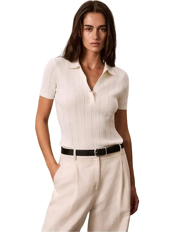 Calvin Klein Ribbed Knit Polo Sweater - Tofu
