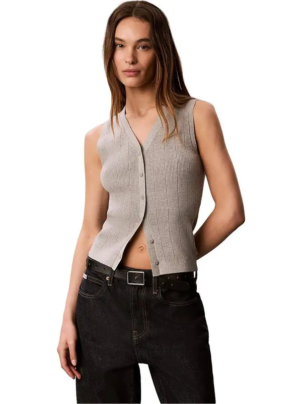 Calvin Klein Ribbed Knit Button-up Tank Top - Grey Heather