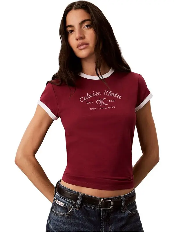Calvin Klein Stitch Arch Logo Slim Ringer Tee - Rhododendron