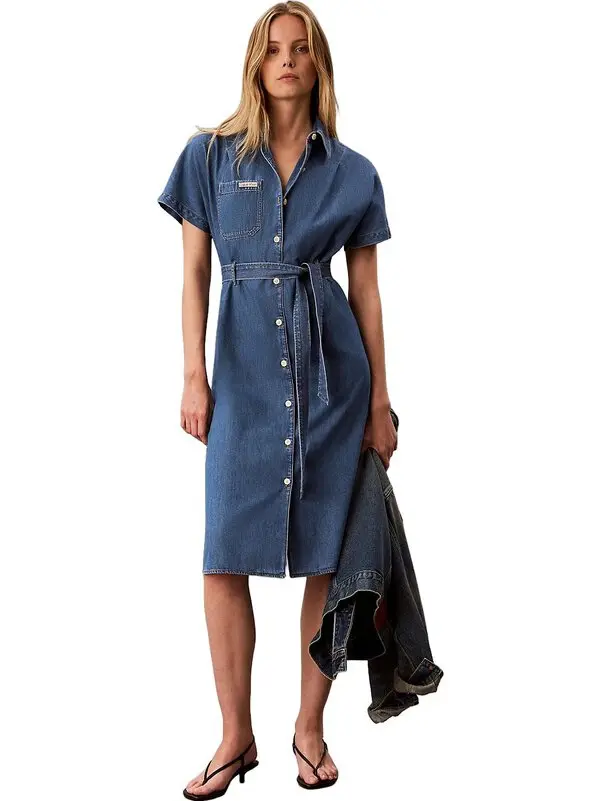Calvin Klein Denim Belted Shirt Dress - Blue Beverly