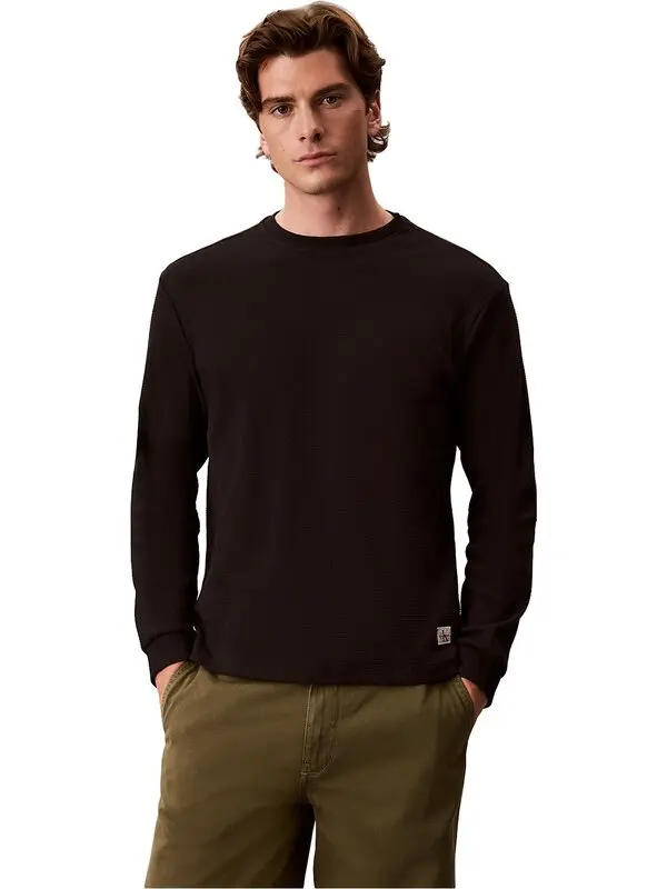 Calvin Klein Woven Monologo Waffle Crewneck Tee - Black