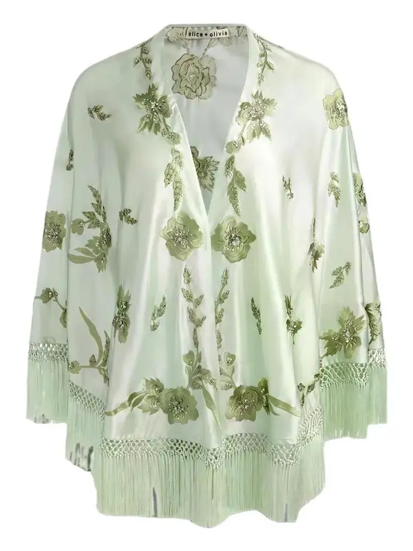 Alice + Olivia Floral Embroidered Fringed Cape - Green
