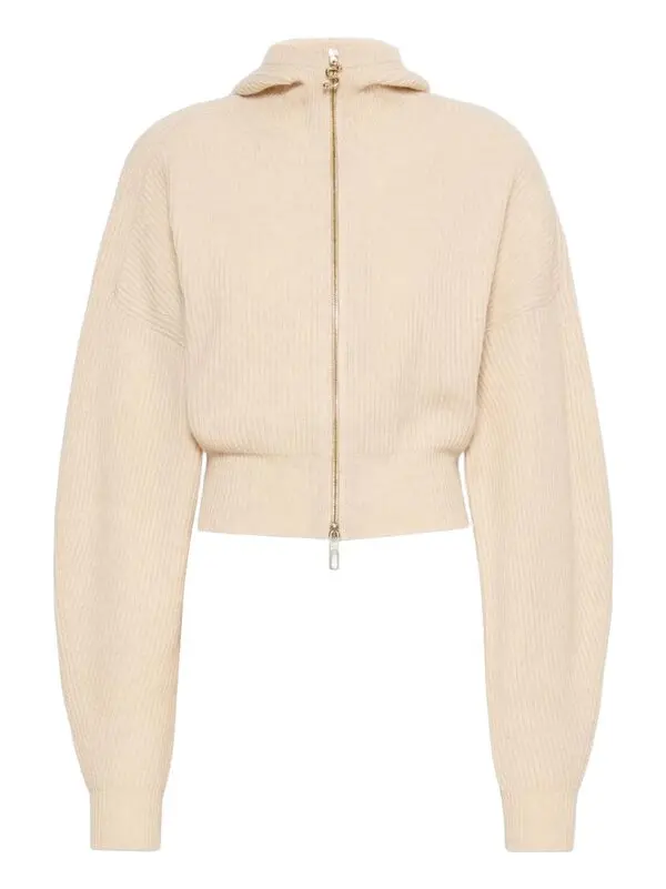 Max Mara Wool And Cashmere Hooded Cardigan With Zip Detail - Beige