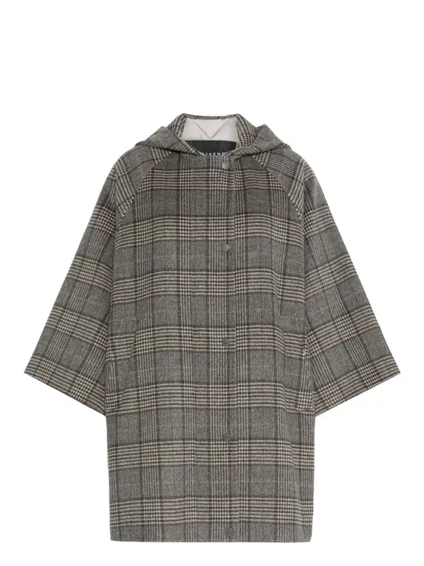 Max Mara Prince Of Wales Check Wool Coat With Hood - Dark Grey