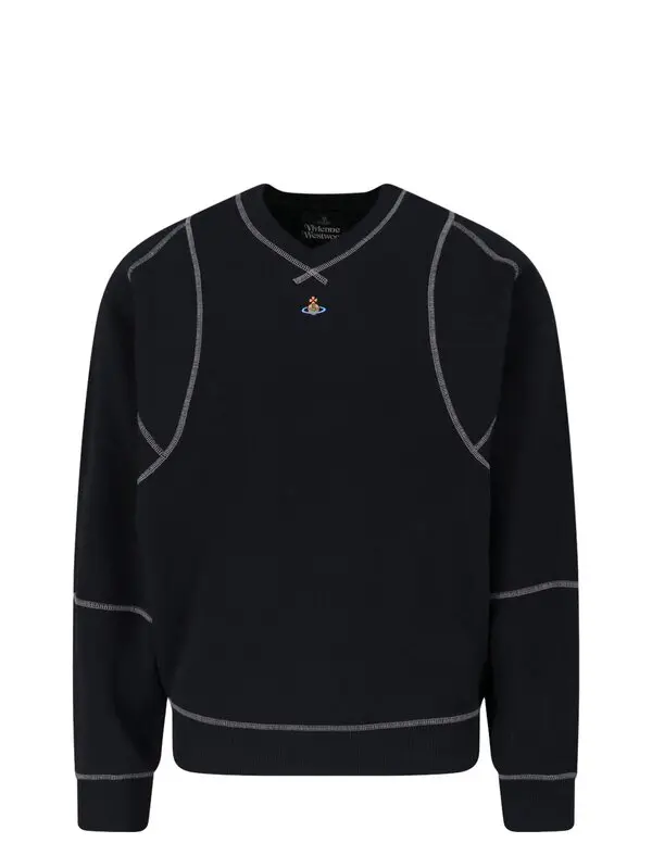 VIVIENNE WESTWOOD Embroidered Logo Contrast Stitch V-neck Sweatshirt - Black