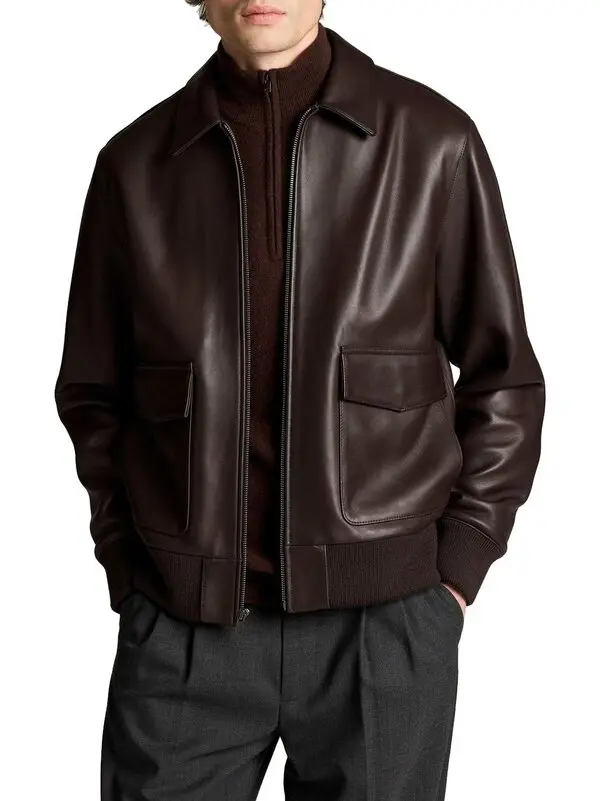 Vince Leather Aviator Bomber Jacket With Rib-knit Trim - Dark Brown